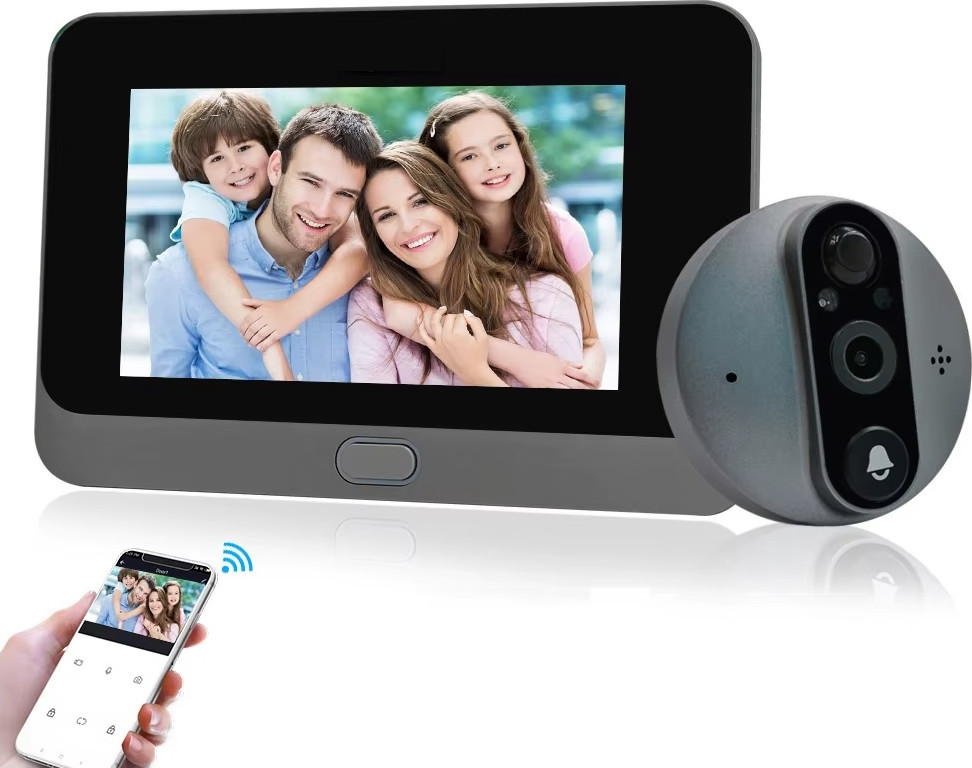 ‫גרנדטק - וחיבור לסמארטפון עינית דיגיטלית לדלת אלחוטית FULL HD עם צג 4. ...