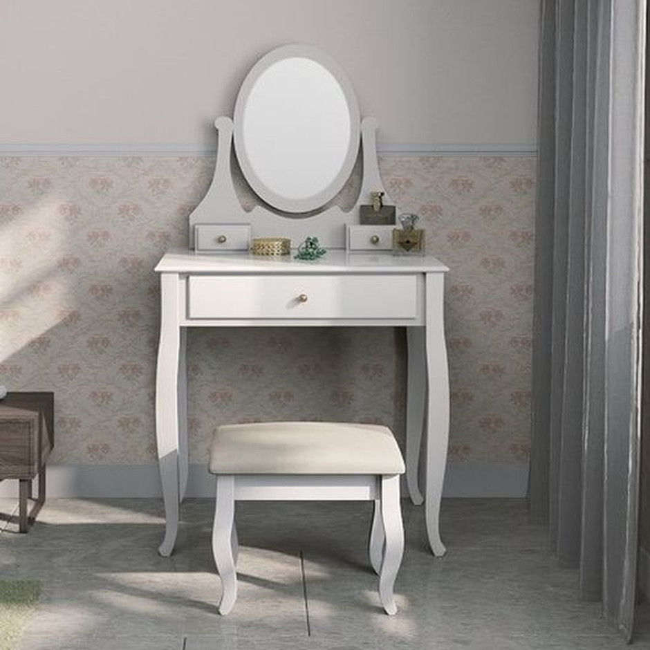 ‫STAR SHOP - שידת איפור וינטג' בצבע לבן עם שרפרף מרופד דגם ונוס VENUS ...