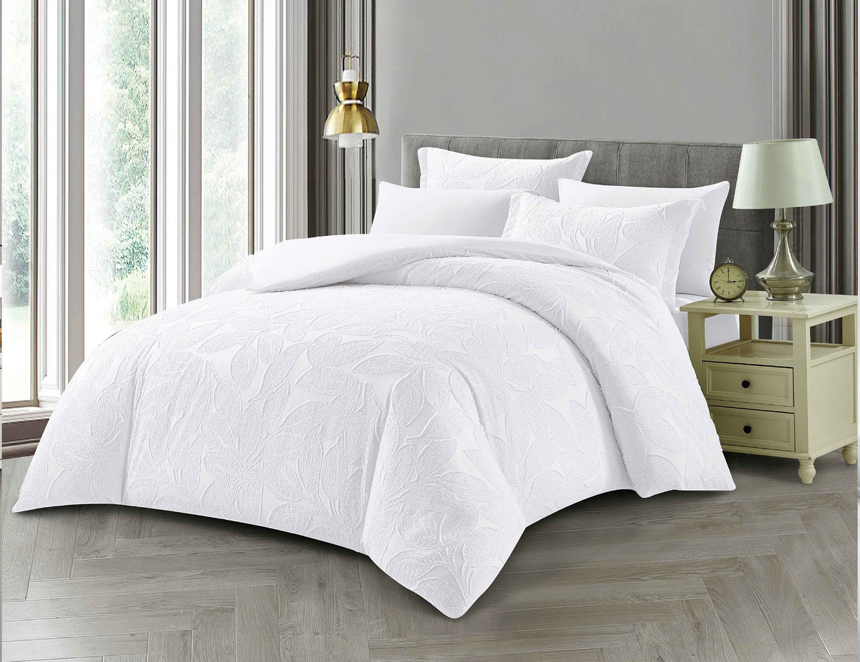 ‫Karl Louis - סט מצעים מלא | בד ג'קארד לבן - דוגמת עלים - מיטה זוגית ...