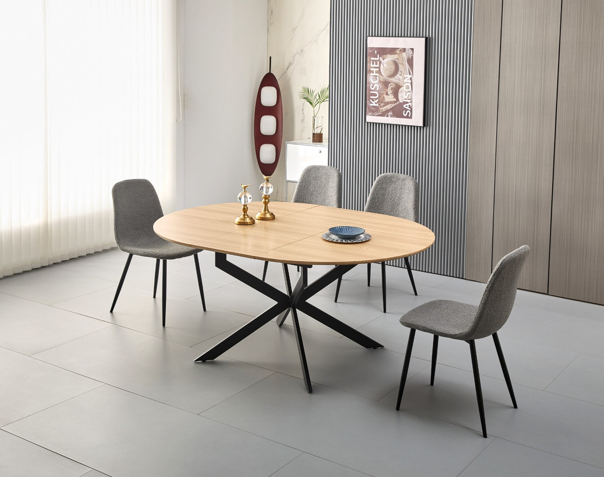 ‫דורי הום - פינת אוכל עגולה נפתחת כולל 4 כסאות בצבע אפור מבד רחיץ דוחה ...