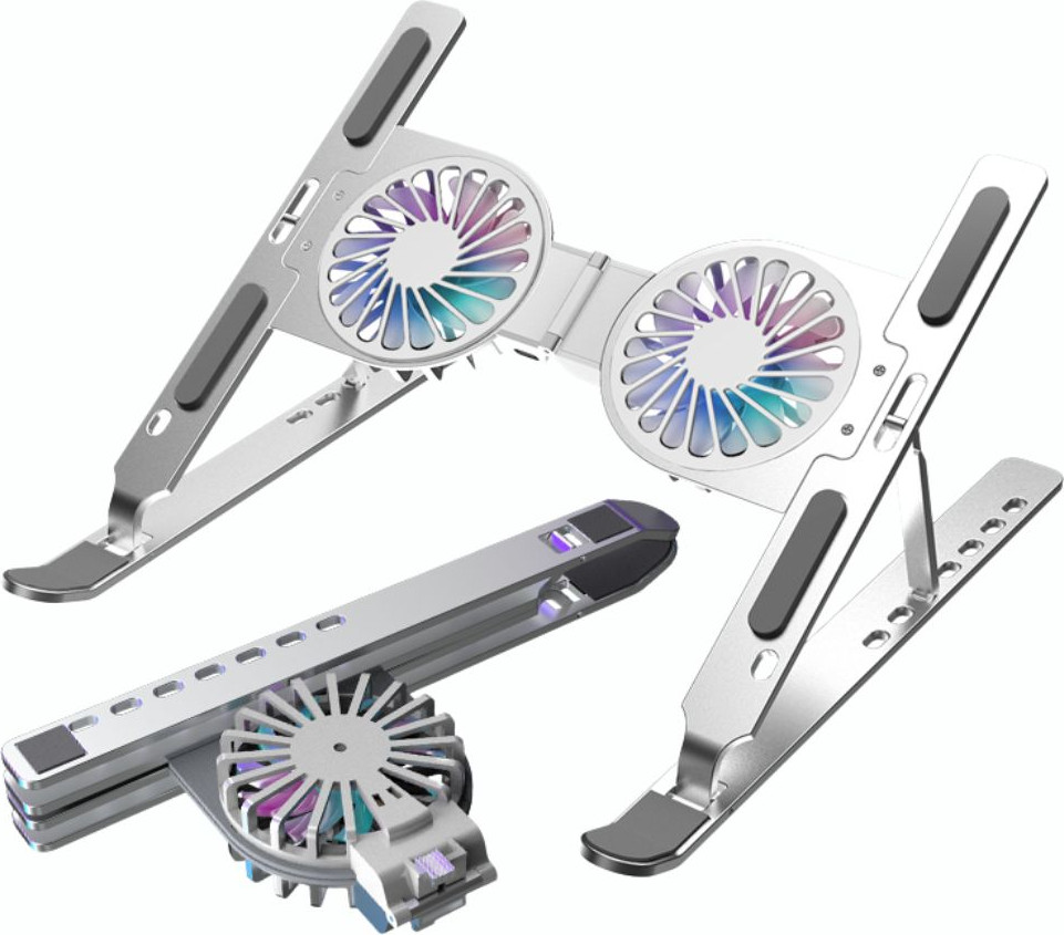 ‫BH - מעמד מתכוונן ומתקפל למחשב נייד כסוף בעל מאווררי קירור ותאורת RGB ...