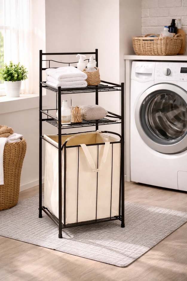 ‫Vedro - מתקן כביסה מתכת עם סל בד נשלף ושני מדפים – LAUNDRY TOWER ...