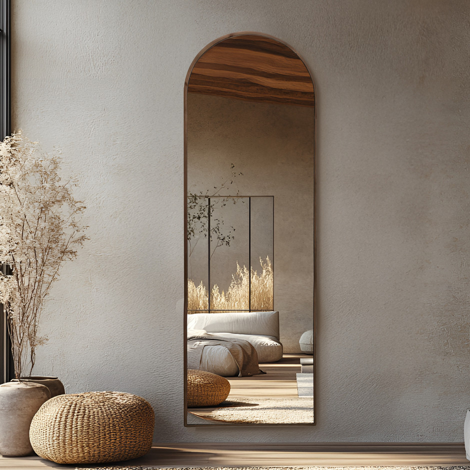 ‫BOHO11 - מראה חצי עגולה גבוהה לקיר עם מסגרת עץ – עיצוב טבעי מודרני ...