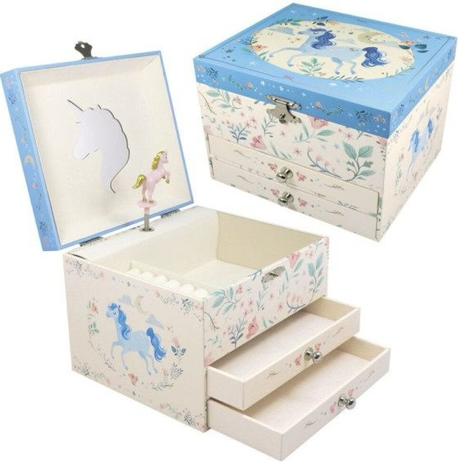 ‫צעצועי מלניק - תיבת נגינה / קופסת תכשיטים עם דמות חד קרן כחול ומראה ...