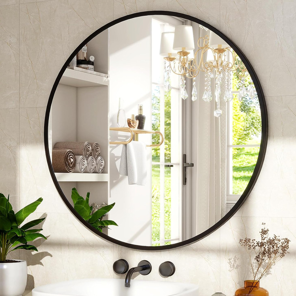 ‫ונוס ריהוט ביתי - מראה עגולה שחורה – מראה לקיר עם מסגרת אלומיניום ...