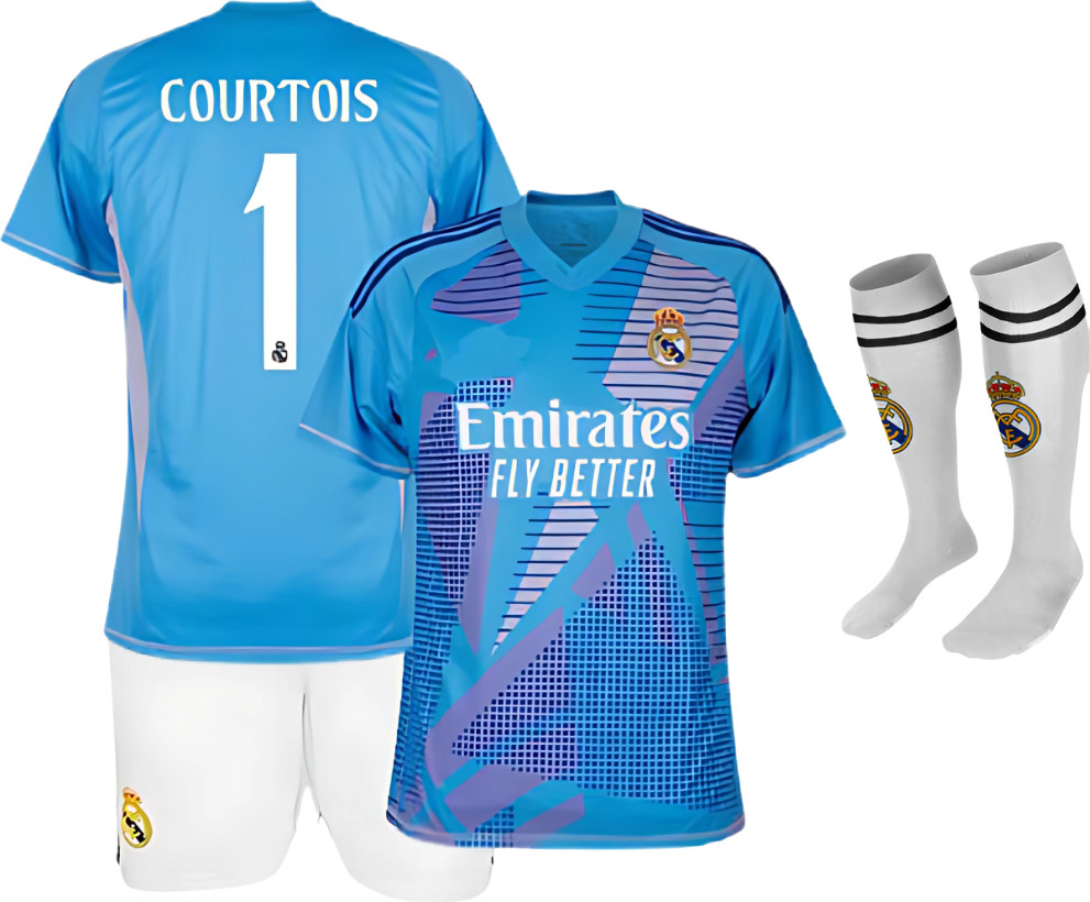 ‫YKI - חליפת כדורגל קורטואה ריאל מדריד לילדים – חליפה, גרביים וסרט קפטן ...