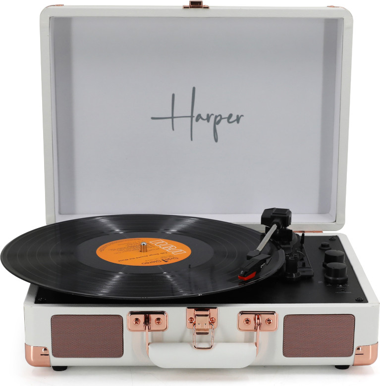 ‫HARPER - פטיפון בלוטוס מזוודה עם הגברת DSP ורמקולים סטריאו, לבן דגם ...