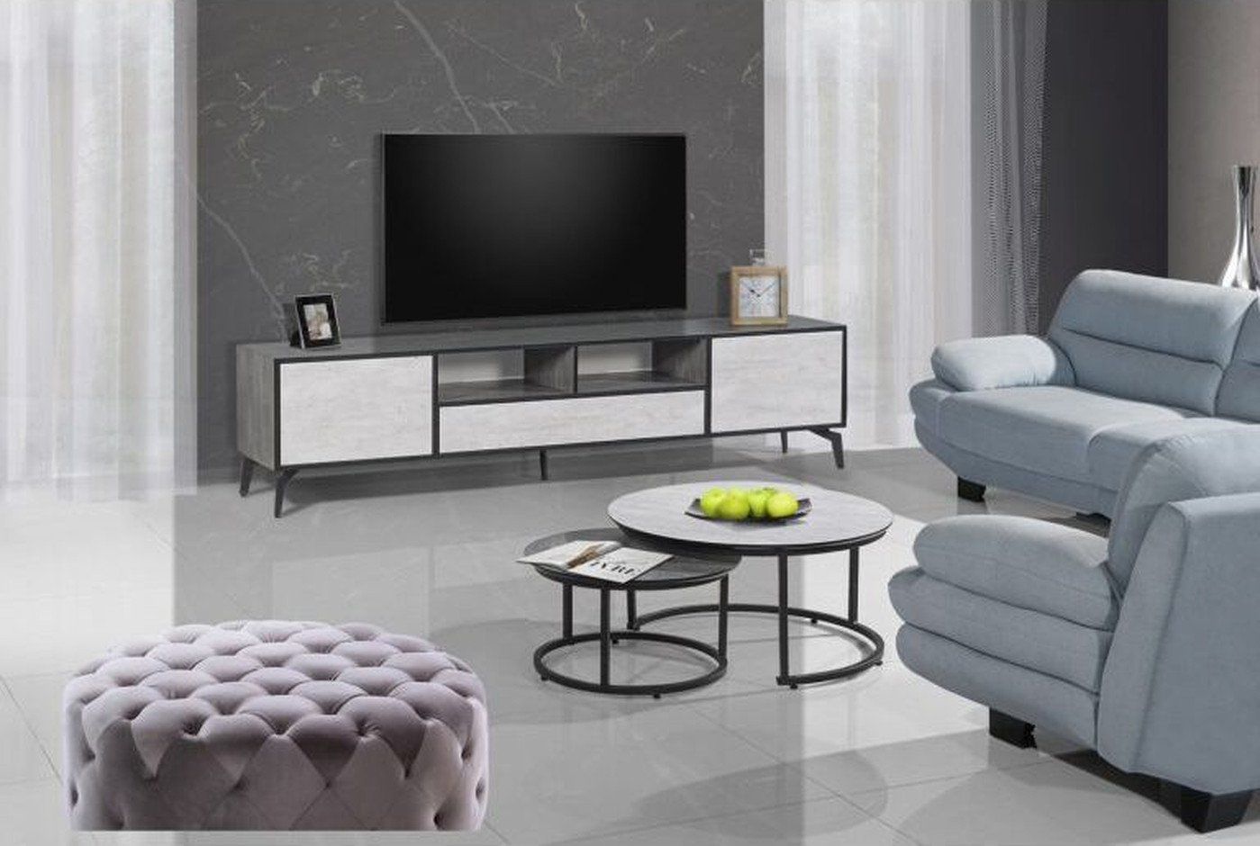 ‫Leonardo - סט מזנון ו-2 שולחנות עגולים דגם קוביות שילוב של שחור ודמוי ...