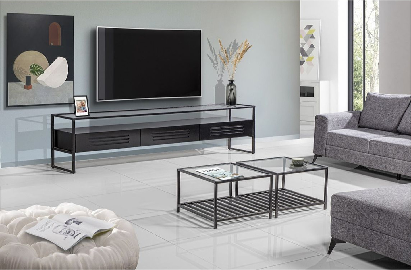 ‫Leonardo - מזנון ו2 שולחנות מרובעים מזכוכית, ברזל בצבע שחור ושילוב עץ ...