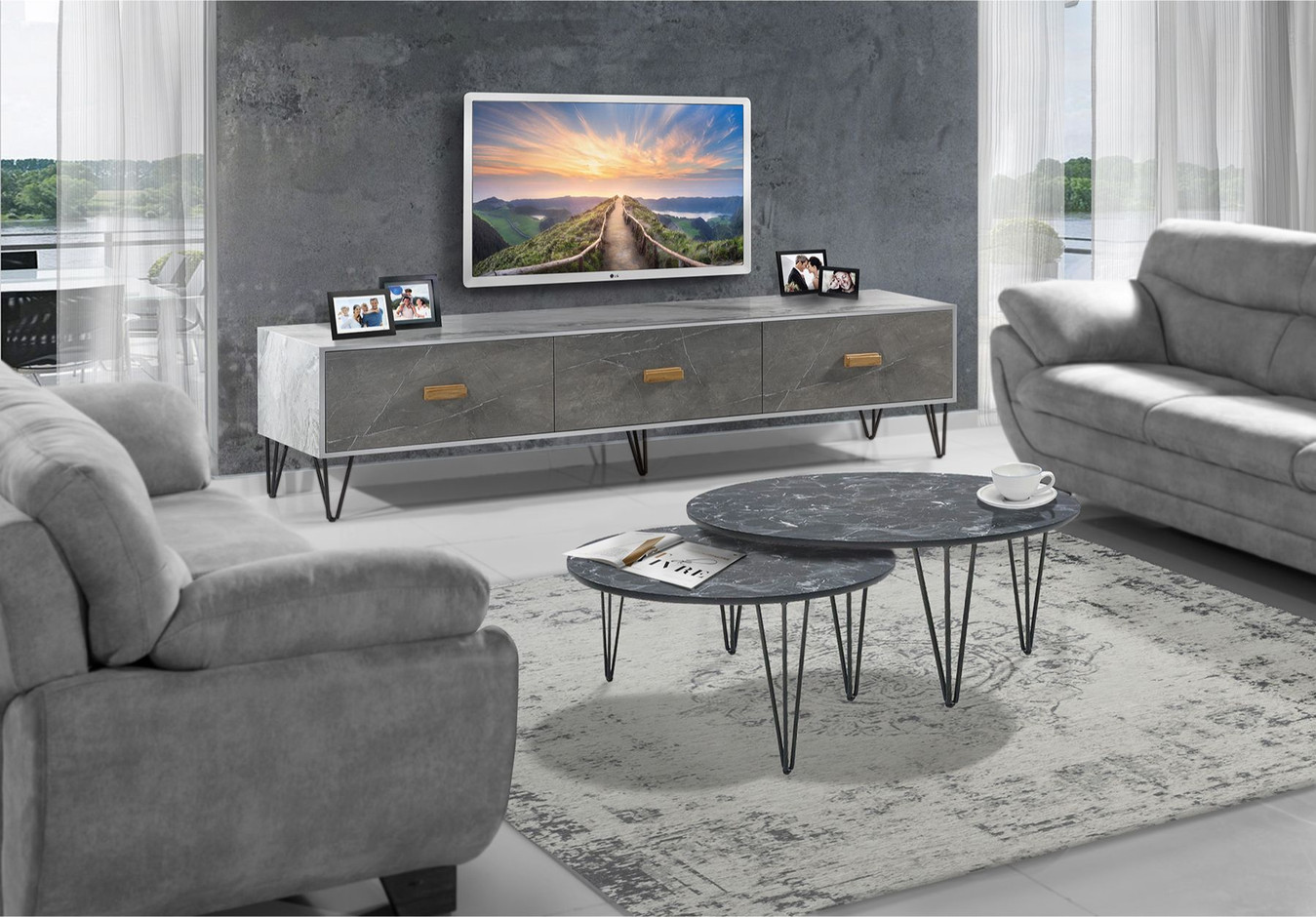 ‫Leonardo - סט מזנון מרהיב ושני שולחנות דגם ורד המשלב צביעה בגוון שיש ...