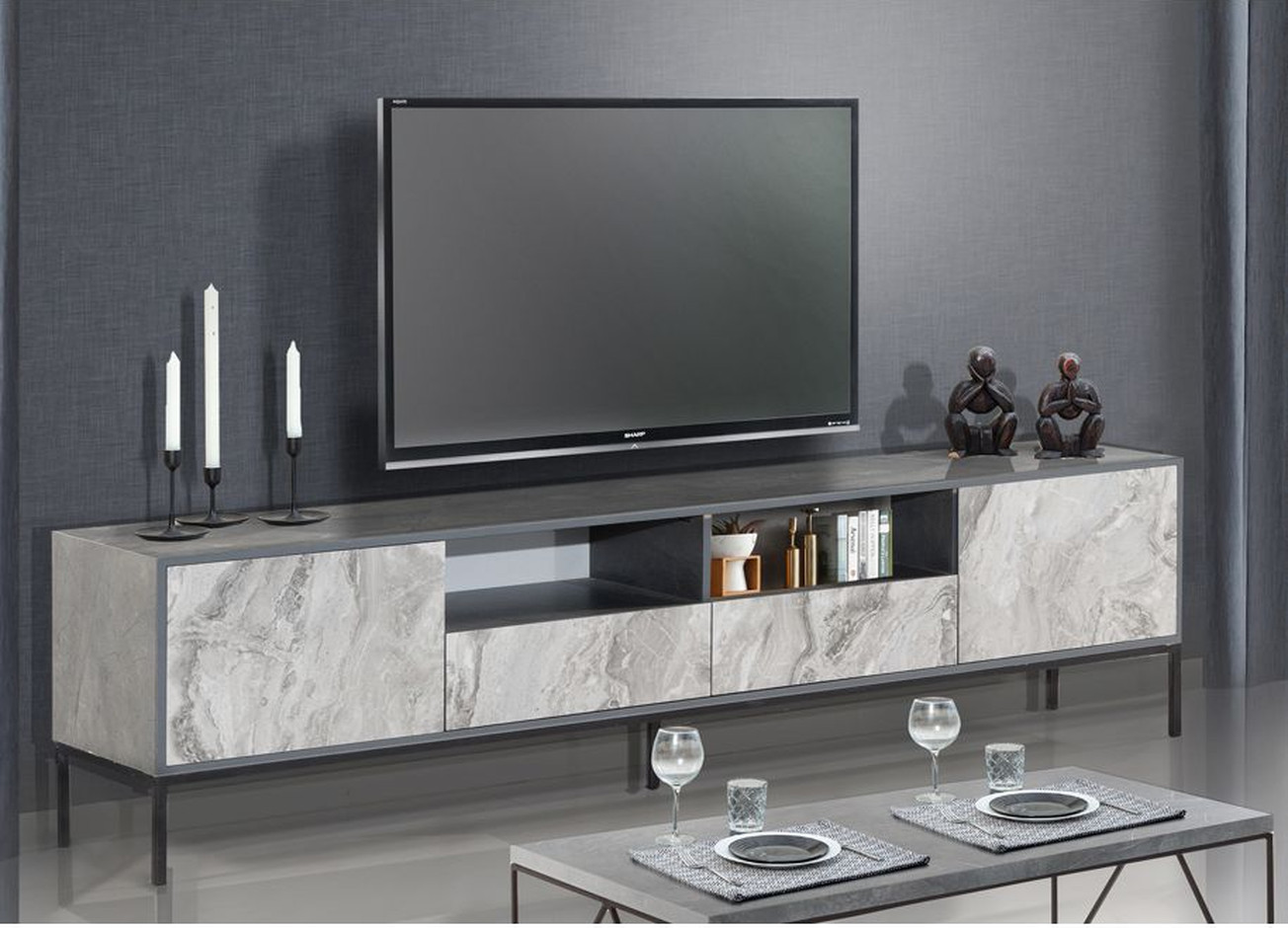 ‫Leonardo - מזנון מעוצב בצביעה דוגמת שיש שחור ושיש לבן עם רגלי ברזל דגם ...