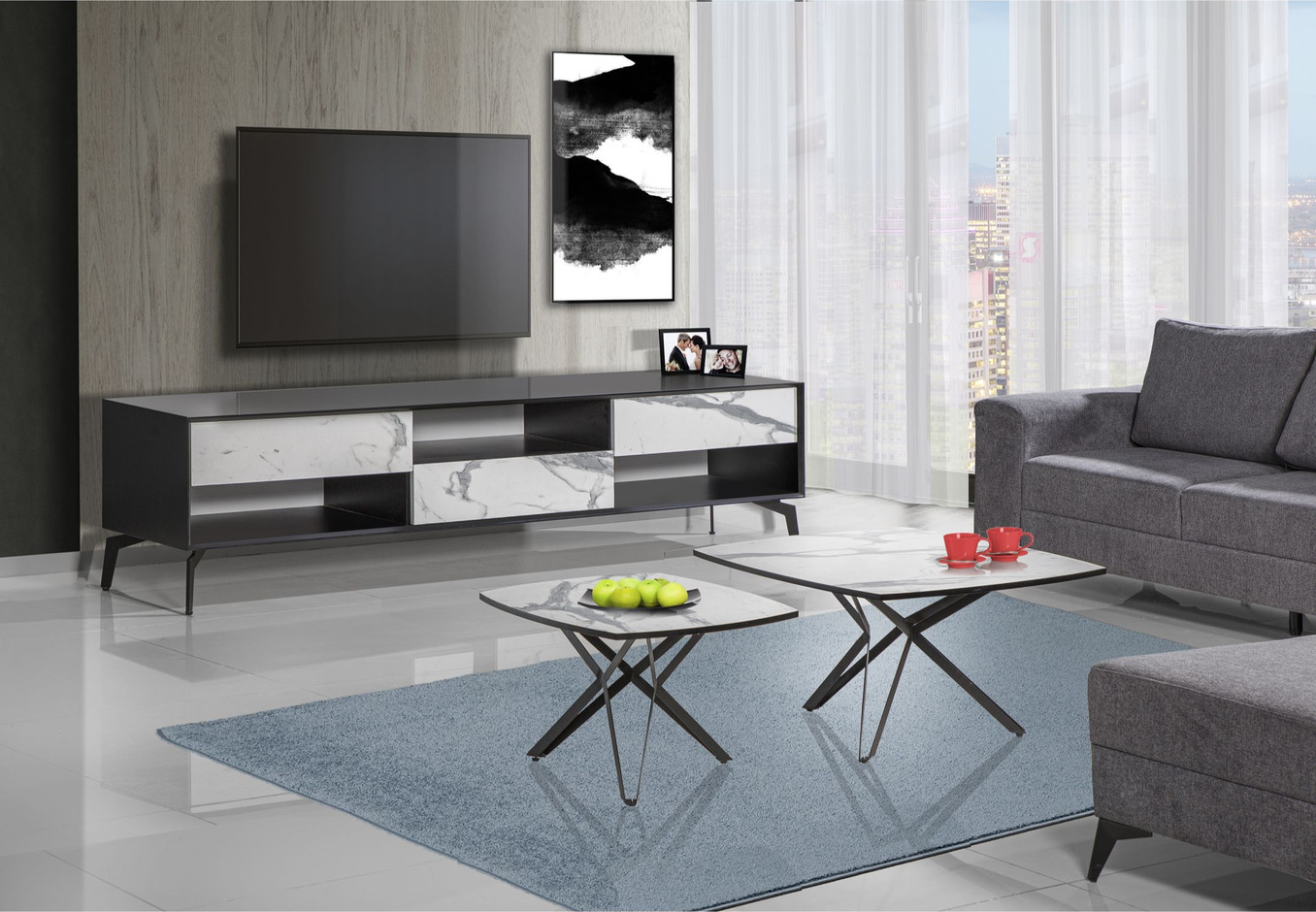 ‫Leonardo - סט מזנון ו2 שולחנות דגם שחמט שלוש מגירות עם טריקה שקטה ...